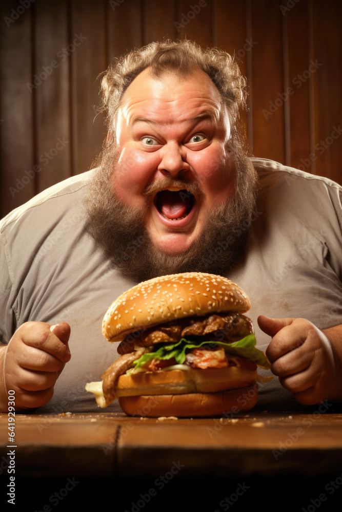 Funny fat man eating a huge burger. Generative AI Stock Photo | Adobe Stock