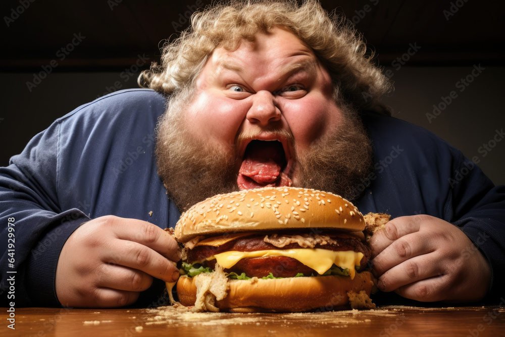 Funny fat man eating a huge burger. Generative AI Stock Photo | Adobe Stock