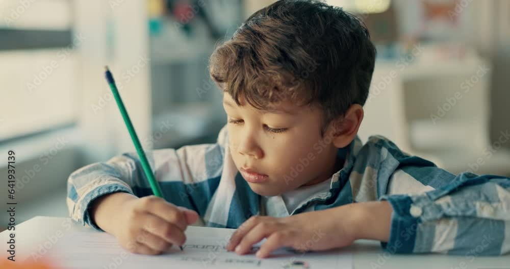 School, classroom and boy kid writing, drawing and learning art, color ...