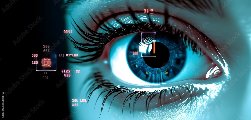 Woman eye with digital coding iris screen. Concept of iris recognition ...