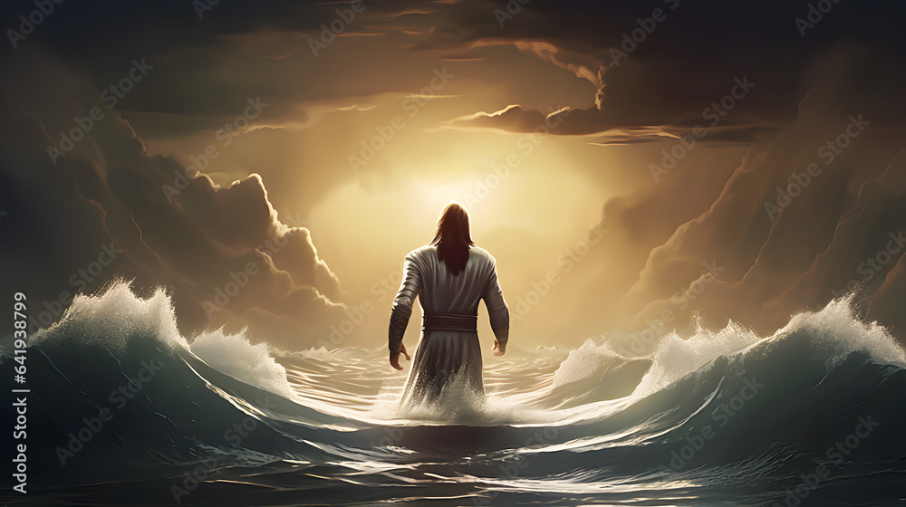 Jesus Christ walking on water with huge waves. AI generated Stock Photo ...