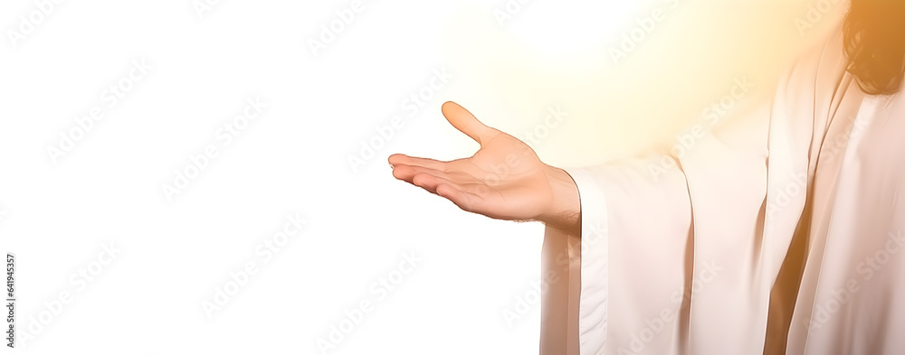Jesus Christ reaching out his hand against bright background Stock ...