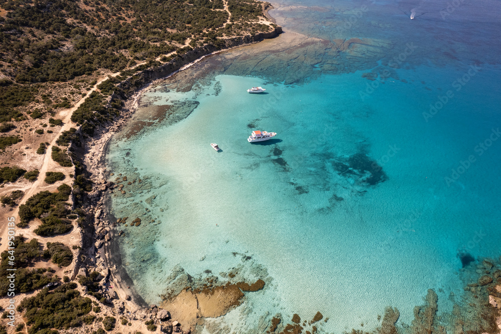 Aerial view of blue lagoon beach in Cyprus island, Paphos national park ...