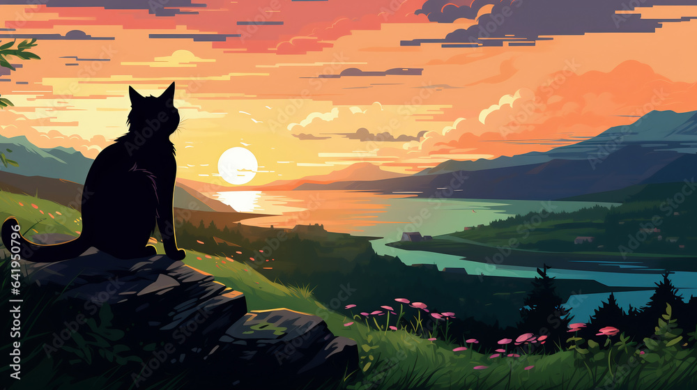 cat in the sunset, wallpaper, landscape, vector, art, animal, novel ...