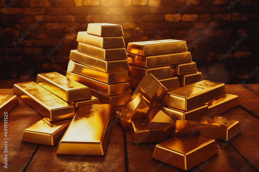 Dozens of valuable gold bars piled up in a bank. Gold bars on table ...