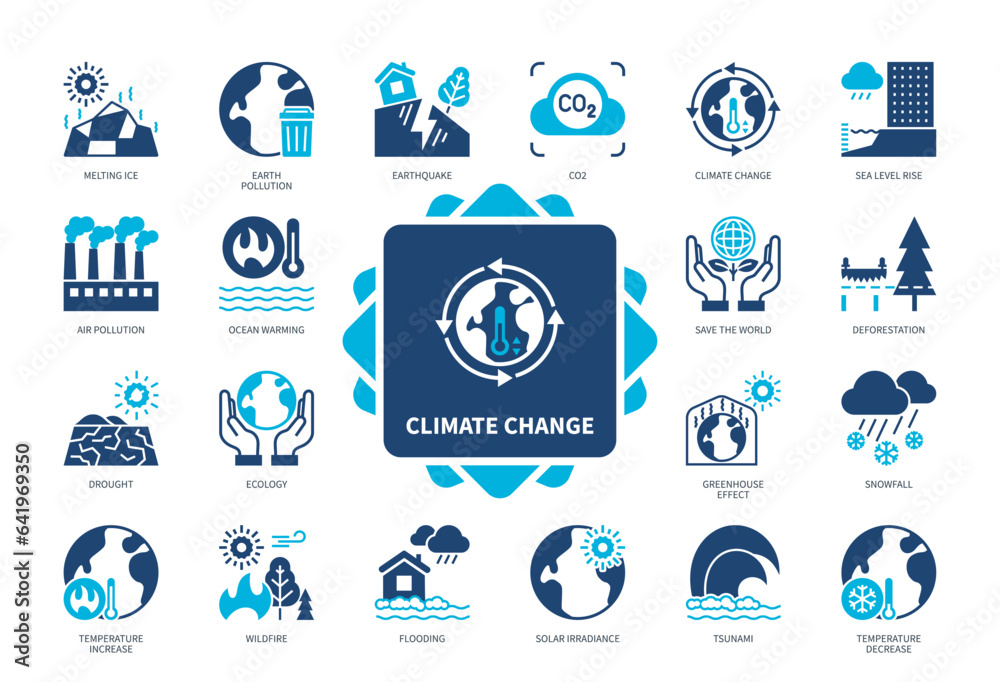 Climate Change icon set. Air Pollution, Deforestation, Flooding ...