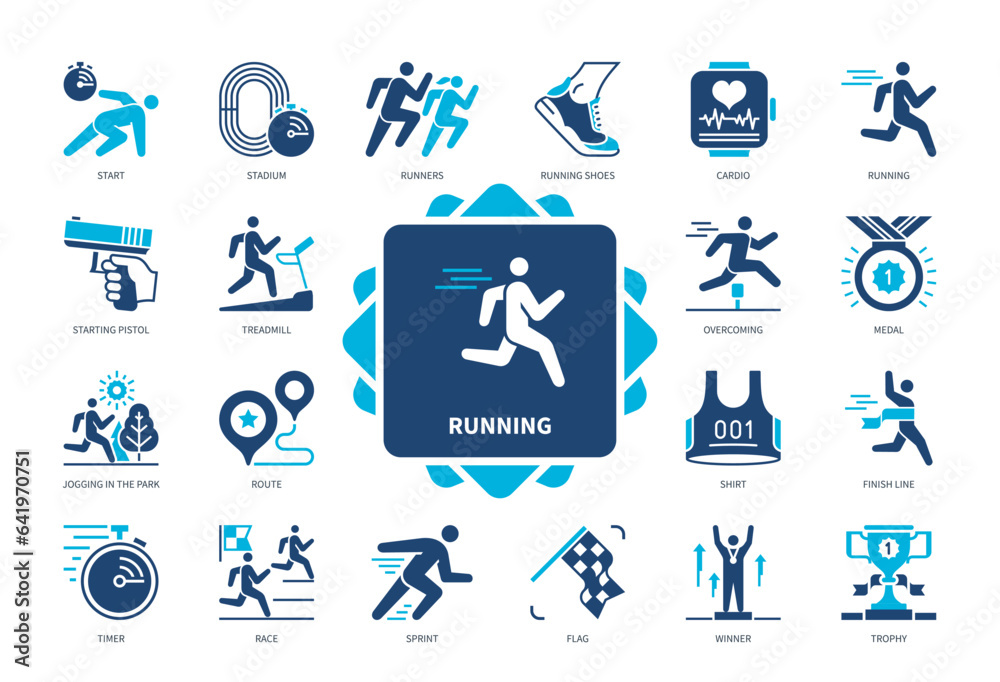 Running icon set. Sprint, Stadium, Overcoming, Route, Trophy, Winner ...