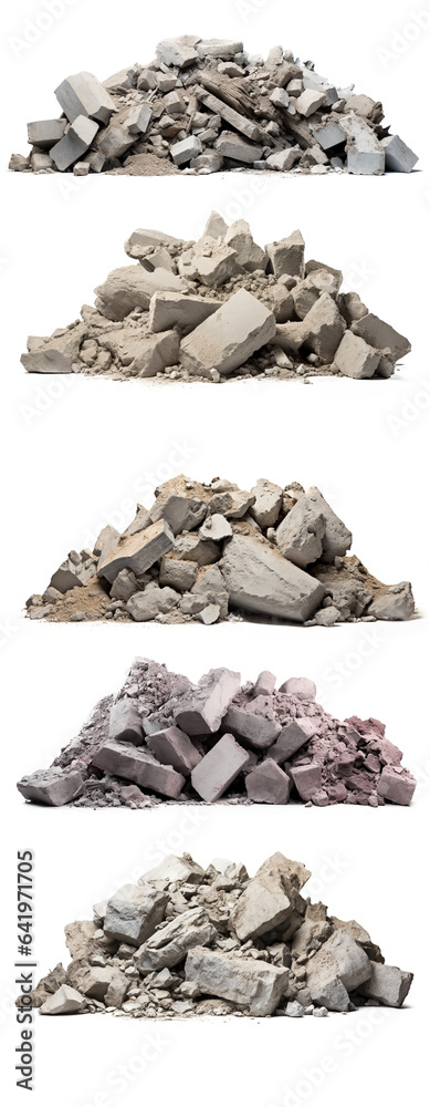 Set of wall broken demolition destruction pile. Concrete debris rubble ...
