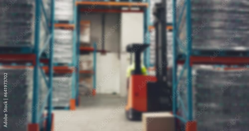 Warehouse, blur and person on forklift with pallets for logistics ...