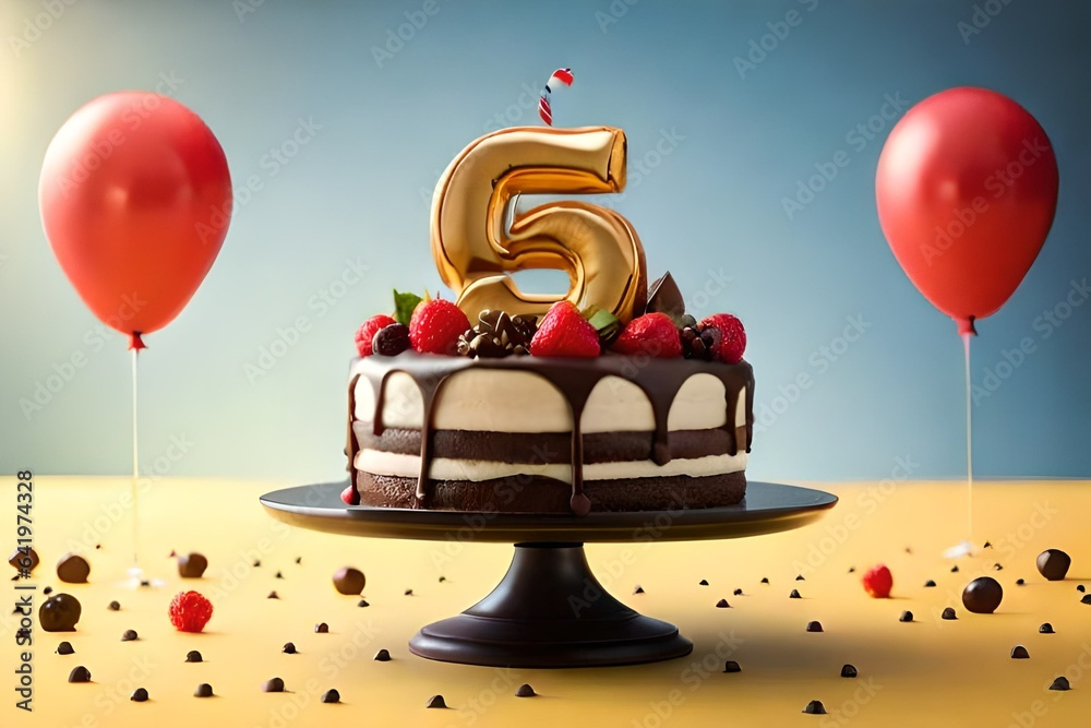 5th birthday cake with candles and balloons Stock Photo | Adobe Stock