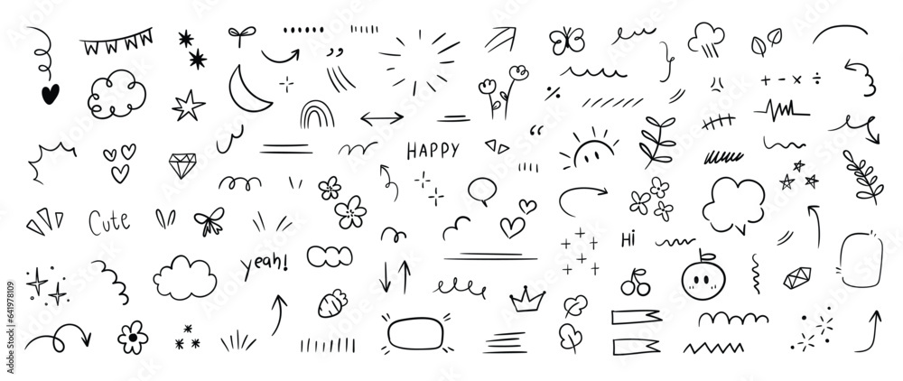 Set of cute pen line doodle element vector. Hand drawn doodle style ...