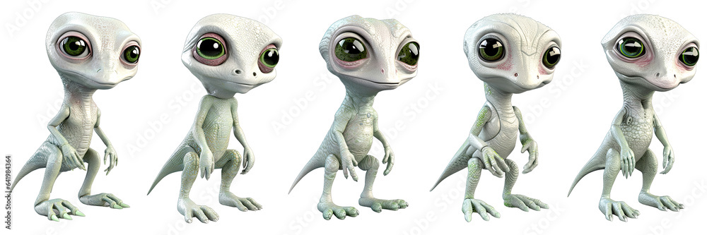 Cute Reptilian humanoid Alien Set 3d Isolated On Transparent Background ...