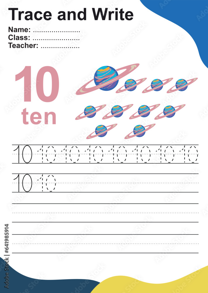 Number ten tracing practice worksheet with ten planet Saturn. Page for ...