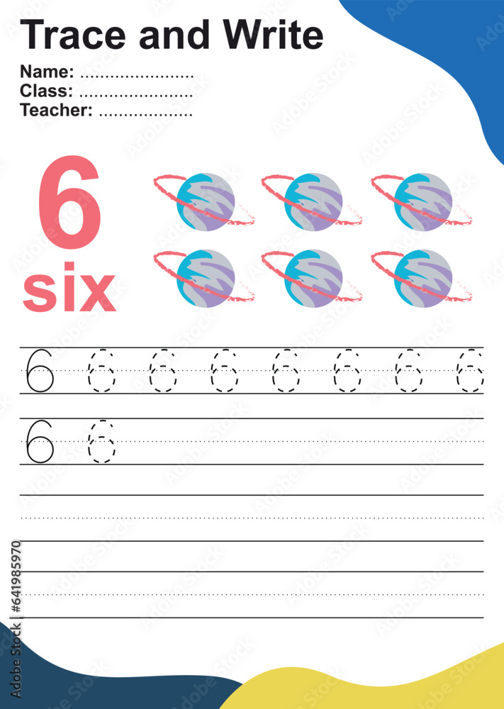 Number six tracing practice worksheet with six planets Uranus. Page for ...