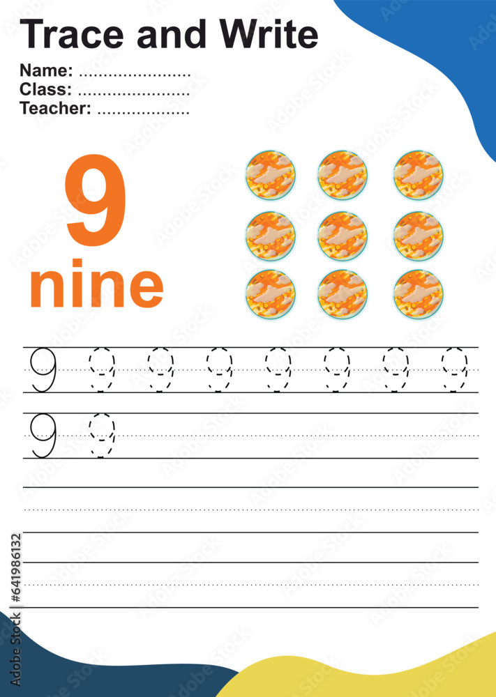Number nine tracing practice worksheet with nine planets Venus. Page ...