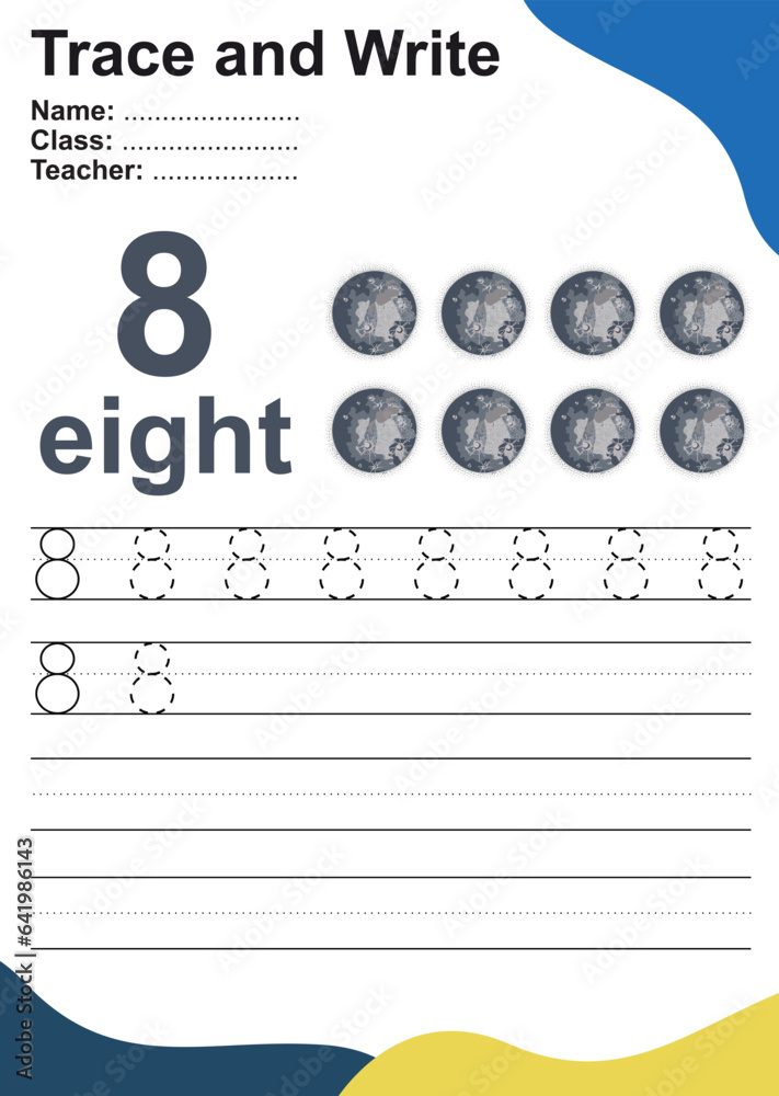 Number eight tracing practice worksheet with eight moons. Page for kids ...