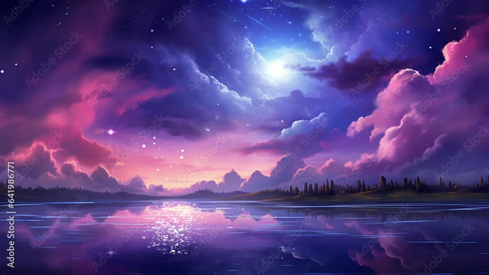 a shooting star scene with a clear sky and a river flowing below ...