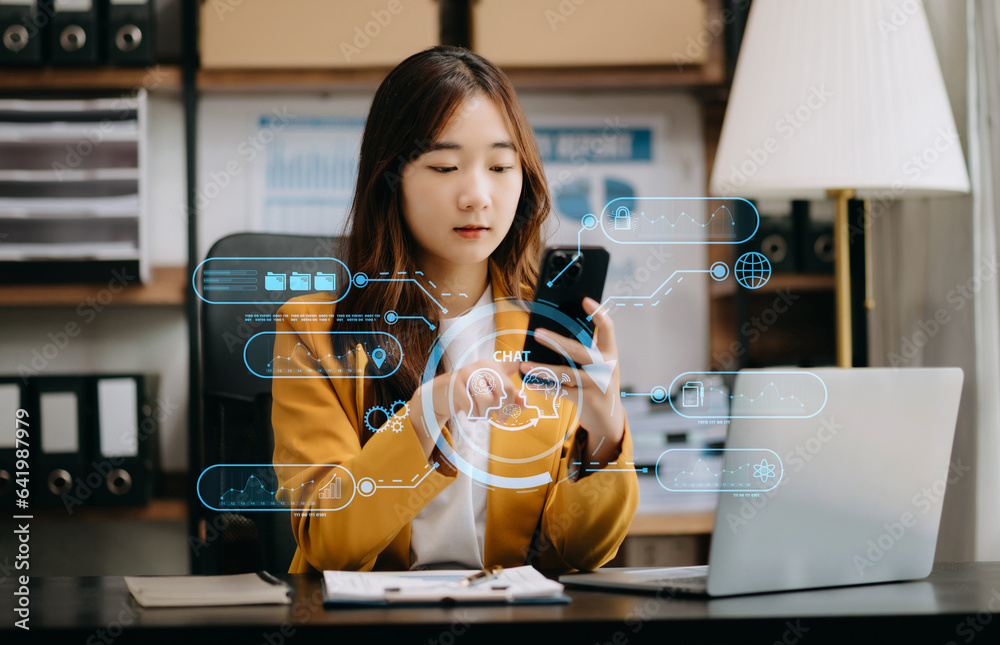 Woman using chatbot in computer and tablet smart intelligence Ai.Chat ...