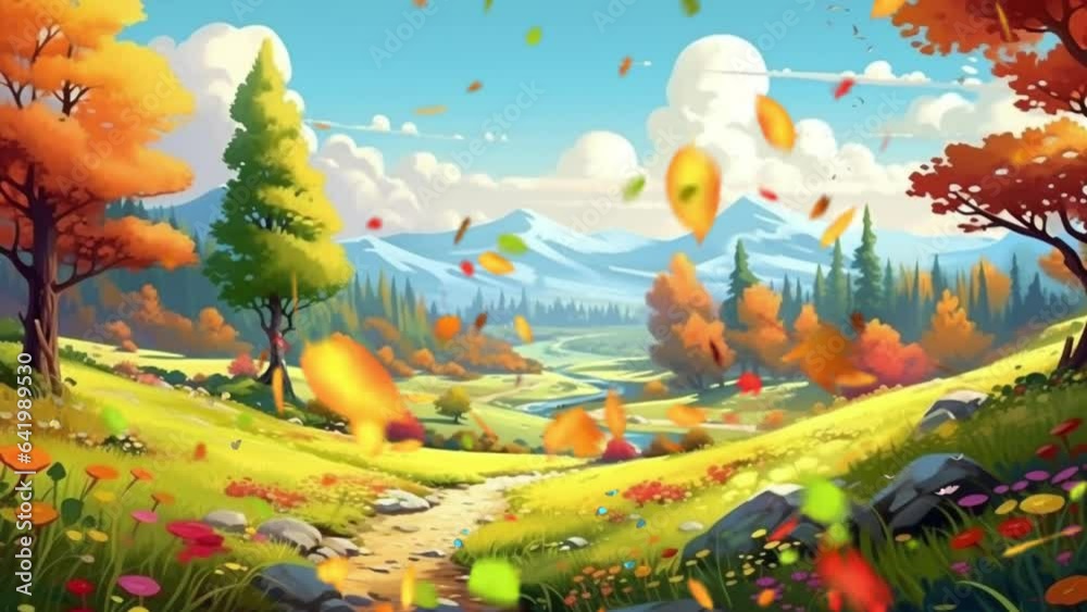 autumn scenery on the savanna of colorful plants.Animated looping ...