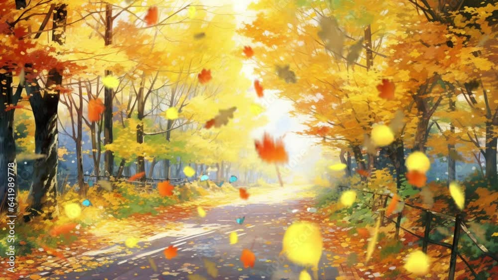 maple leaf falling on yellow maple tree in forest. autumn animated ...