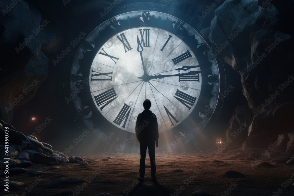 Time's contrast: Man in clock room, frozen time in dark cave. A fantasy ...