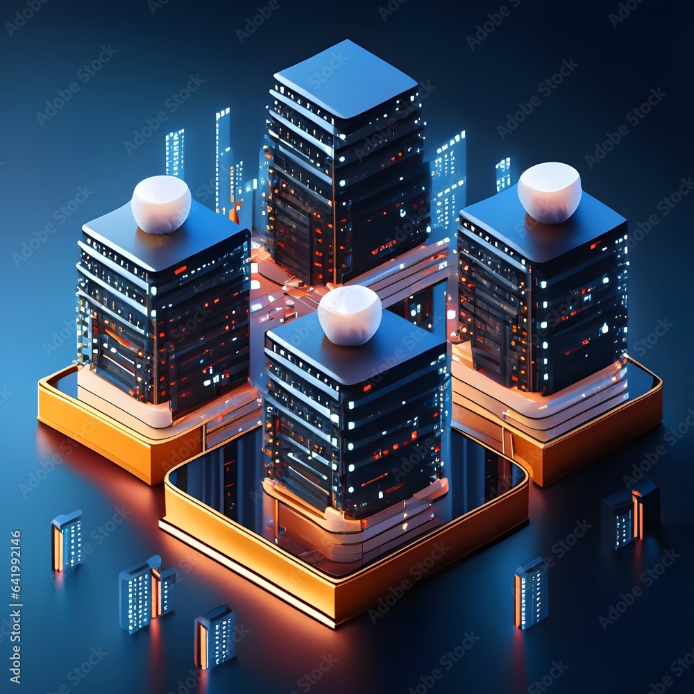 Server room data center with glowing lights. 3d render illustration ...