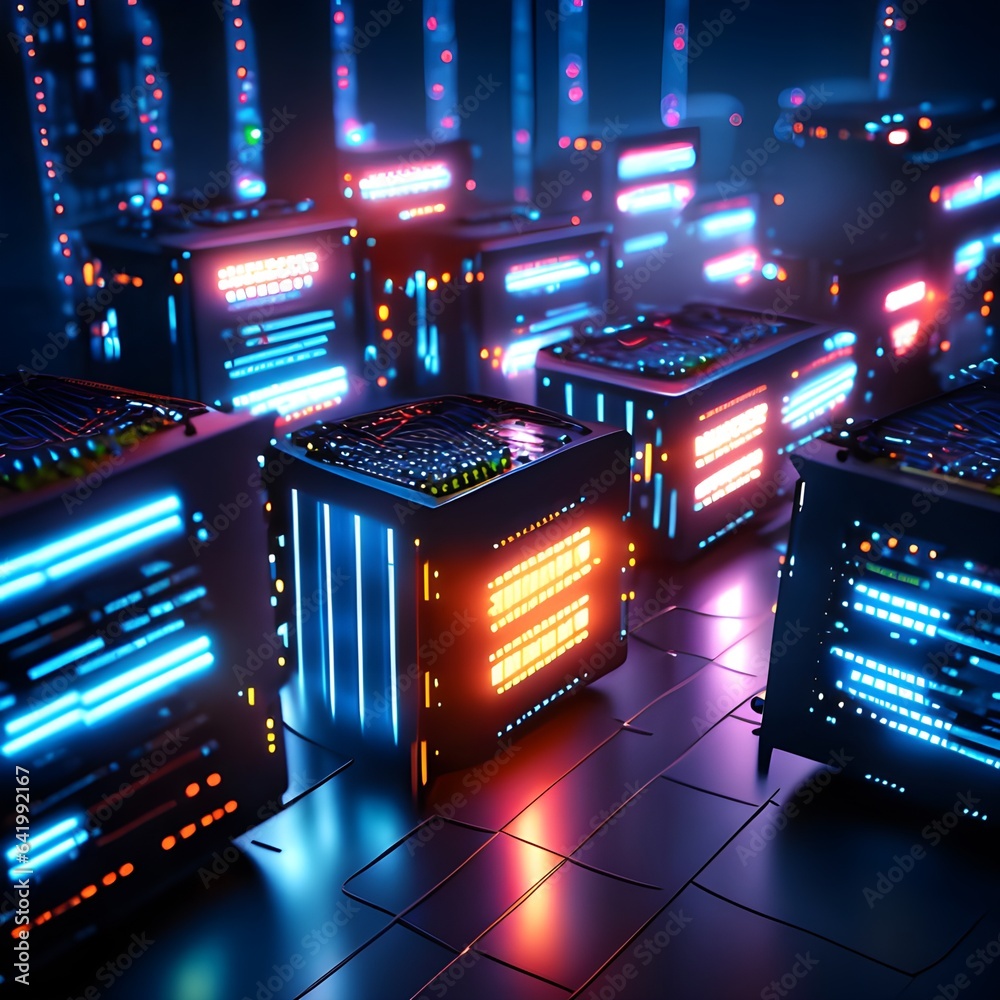 Server room data center with glowing lights. 3d render illustration ...