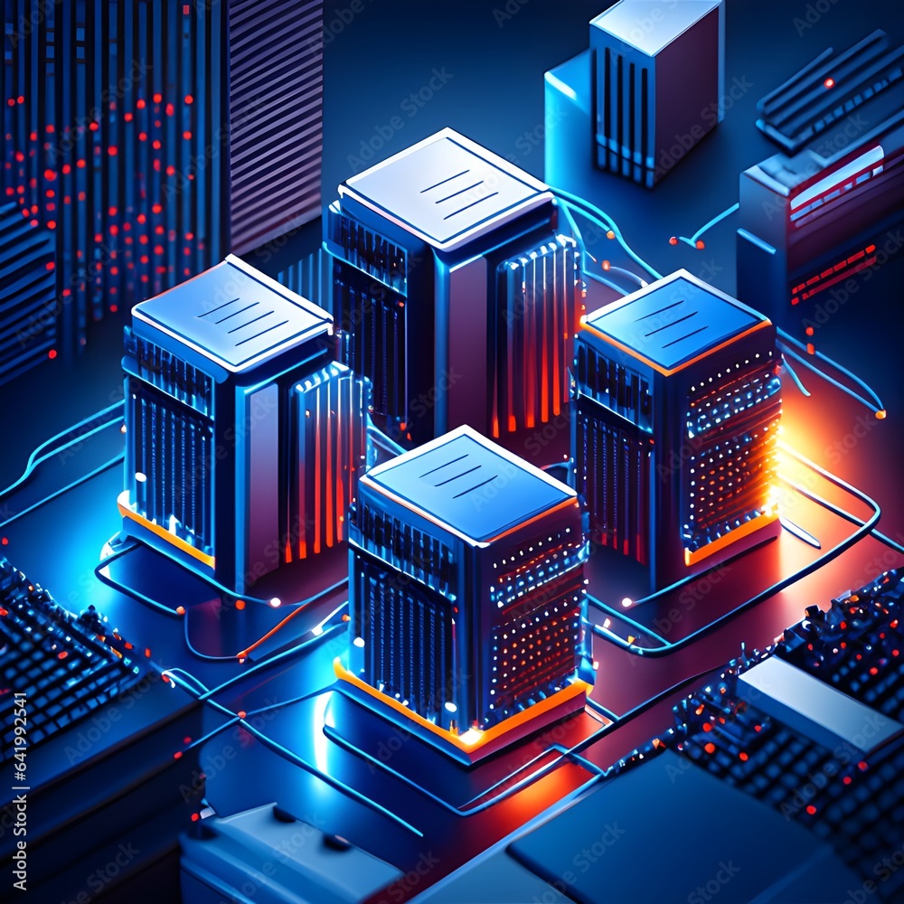 Server room data center with glowing lights. 3d render illustration ...