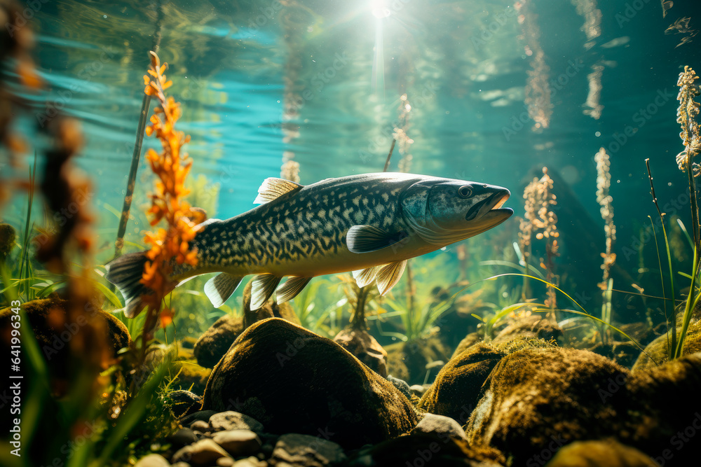 Freshwater fish underwater on a lake with a water plants Stock Photo ...