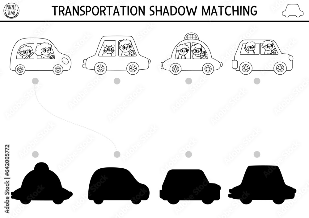 Transportation black and white shadow matching activity. Transport line ...