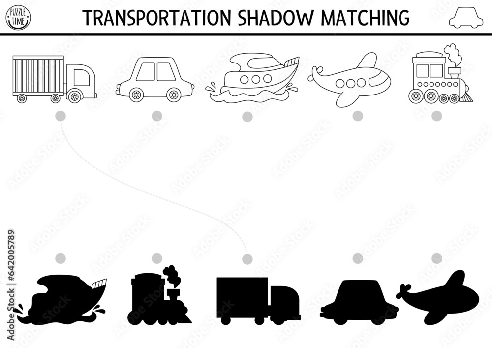 Transportation black and white shadow matching activity. Transport line ...