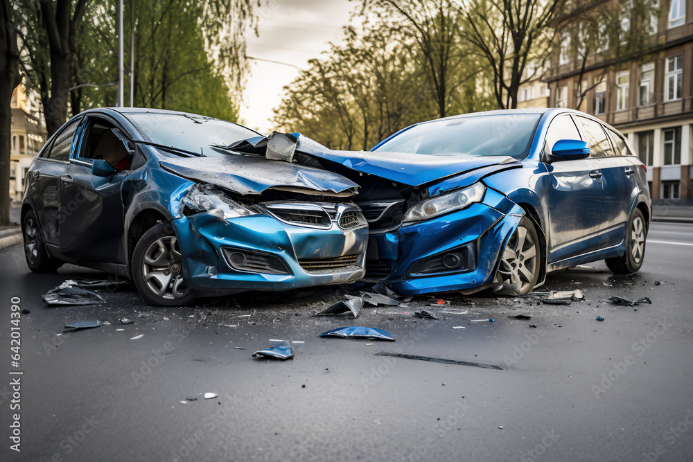 Foto de Two Crashed car in the street. Two cars are damaged after a ...