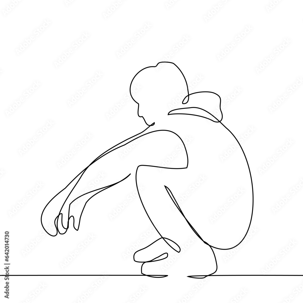 male profile of squatting man in hoodie - one line art vector. concept ...