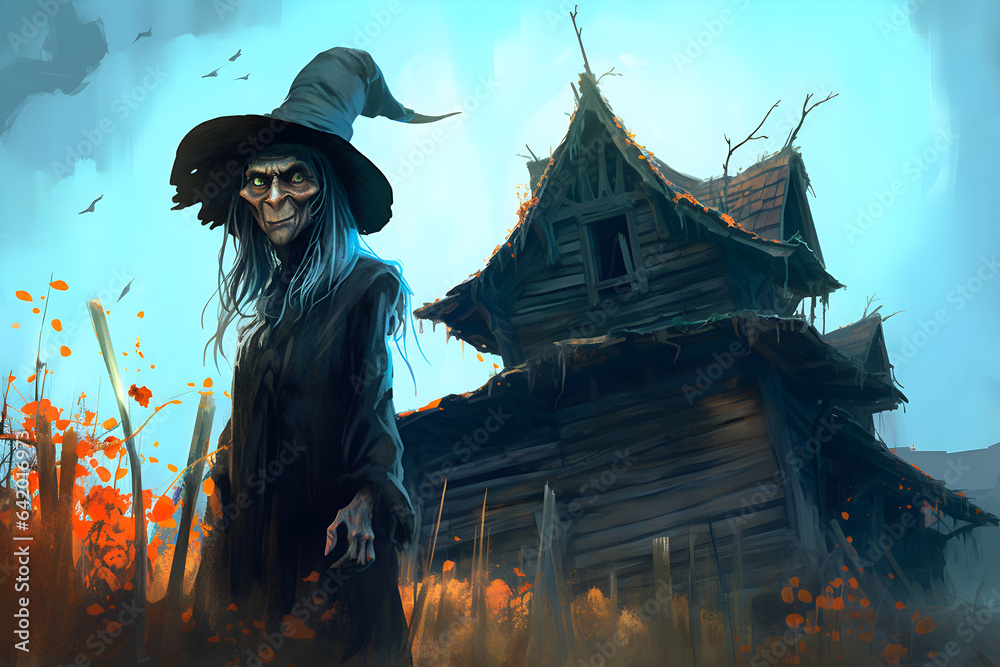 Wicked old witch in front of her house. Spooky wooden shack against the ...