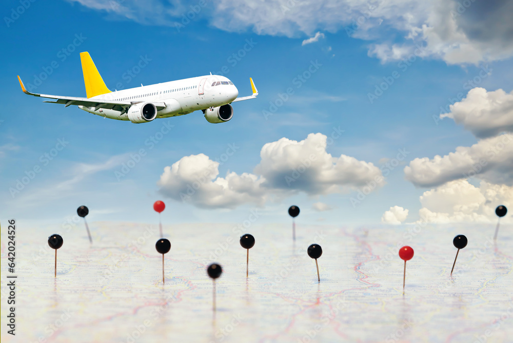 Find your way. Location Pin marking on a routes, Airplane in the blue ...