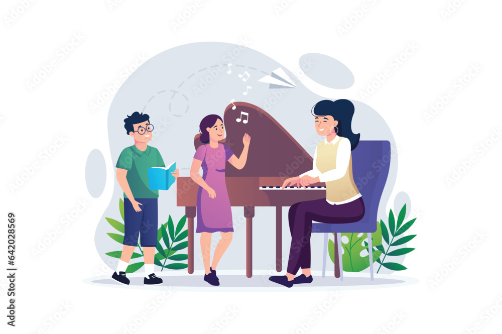 Music teacher concept with people scene in the flat cartoon style. The ...