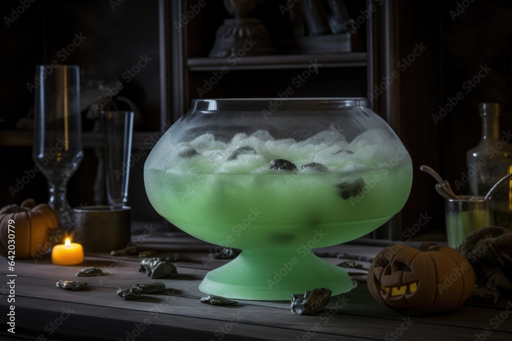 Halloween coctail. Cauldron-shaped punch bowl, with a bubbling green ...