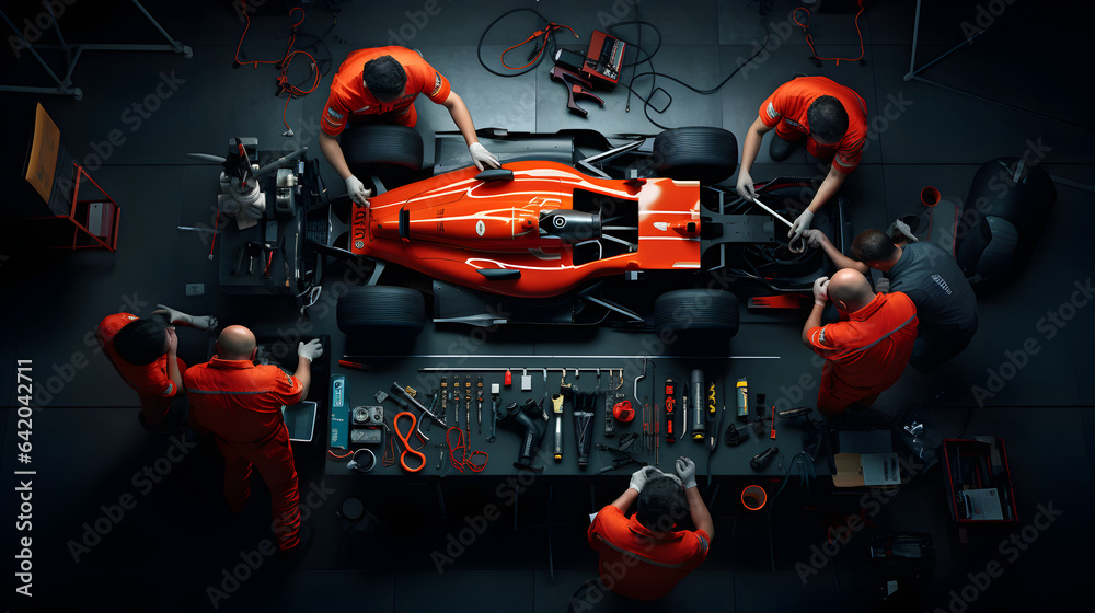 Top view of Formula 1 f1 race car at pit stop for maintenance, team at ...