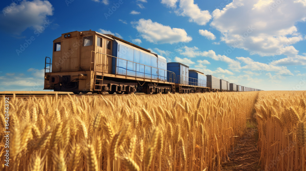 Railway train with wagons during the transportation of wheat and grain ...