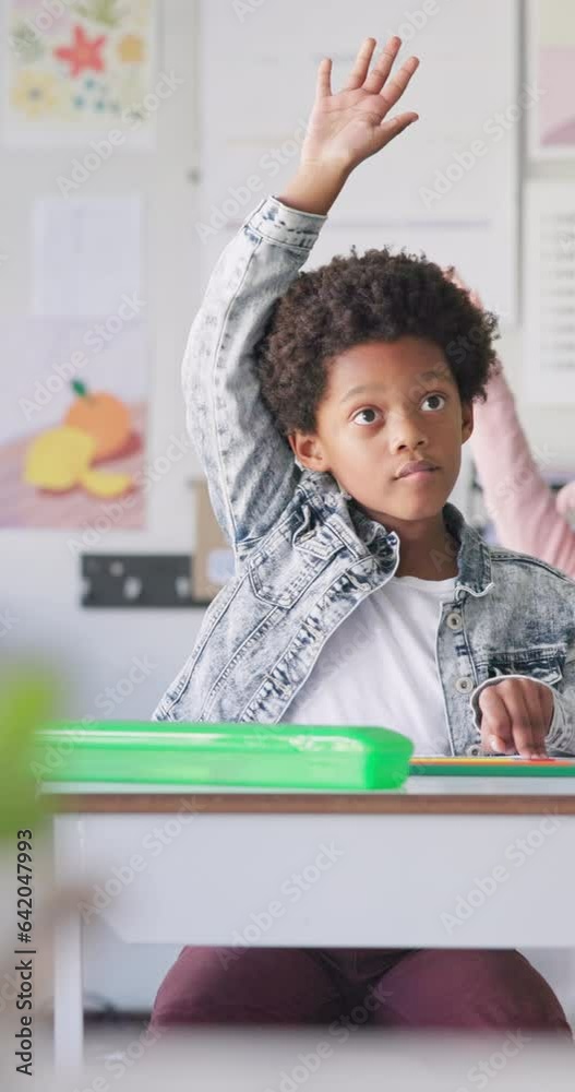 Education, answer and students and boy in classroom for learning ...