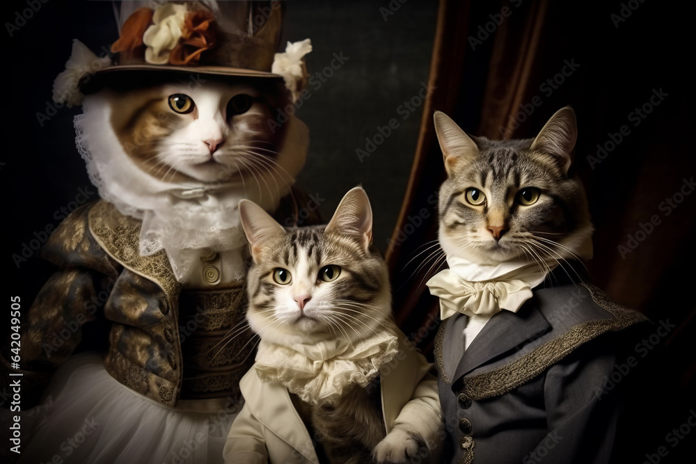 Family of cats in royal outfits of the Victorian era. Fynny cats. Cats ...