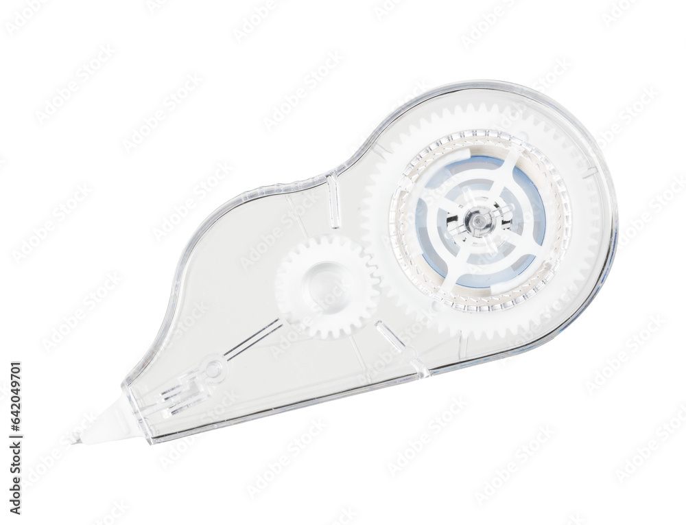 The photo depicts an office correction tape in a transparent casing ...