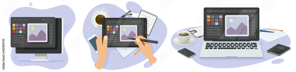 Graphic image editor on computer icon vector 3d illustration, tablet ...