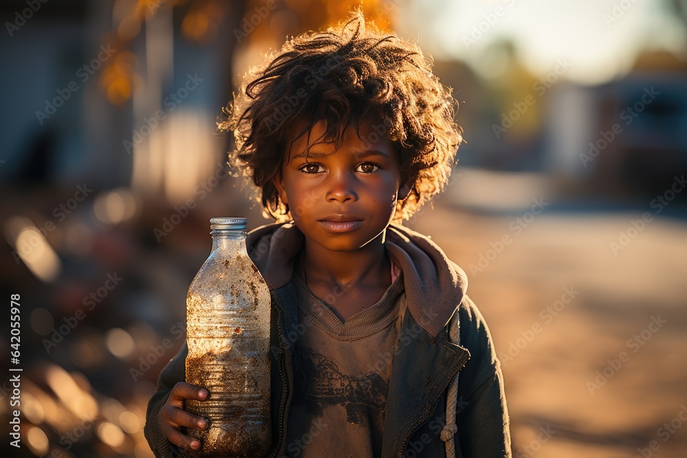 Foto de Portrait of a sad African boy in a poor neighborhood. Poverty ...