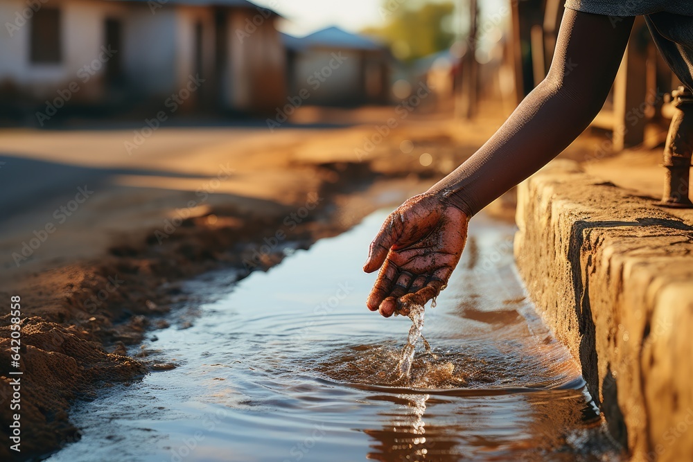 Close up hand of African child in a poor neighborhood near a water ...