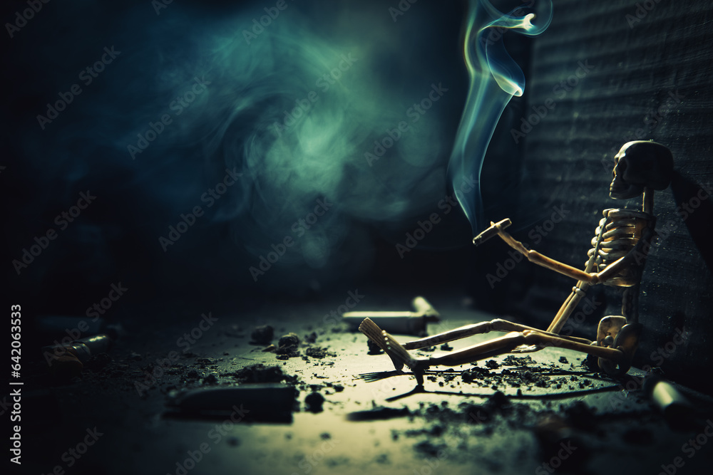 Human skeleton sits with a cigarette in a dark smoky room. Stock Photo ...