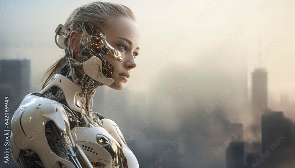 High-tec AI robot in the shape of a humanoid, robotics cyber technology ...