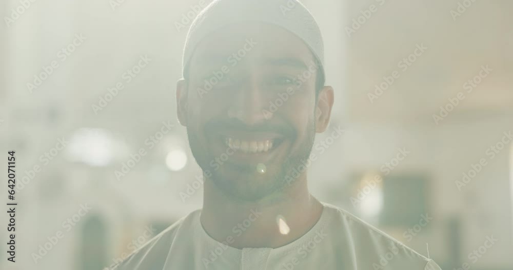 Face, smile and Muslim man in mosque on lens flare with prayer cap to ...