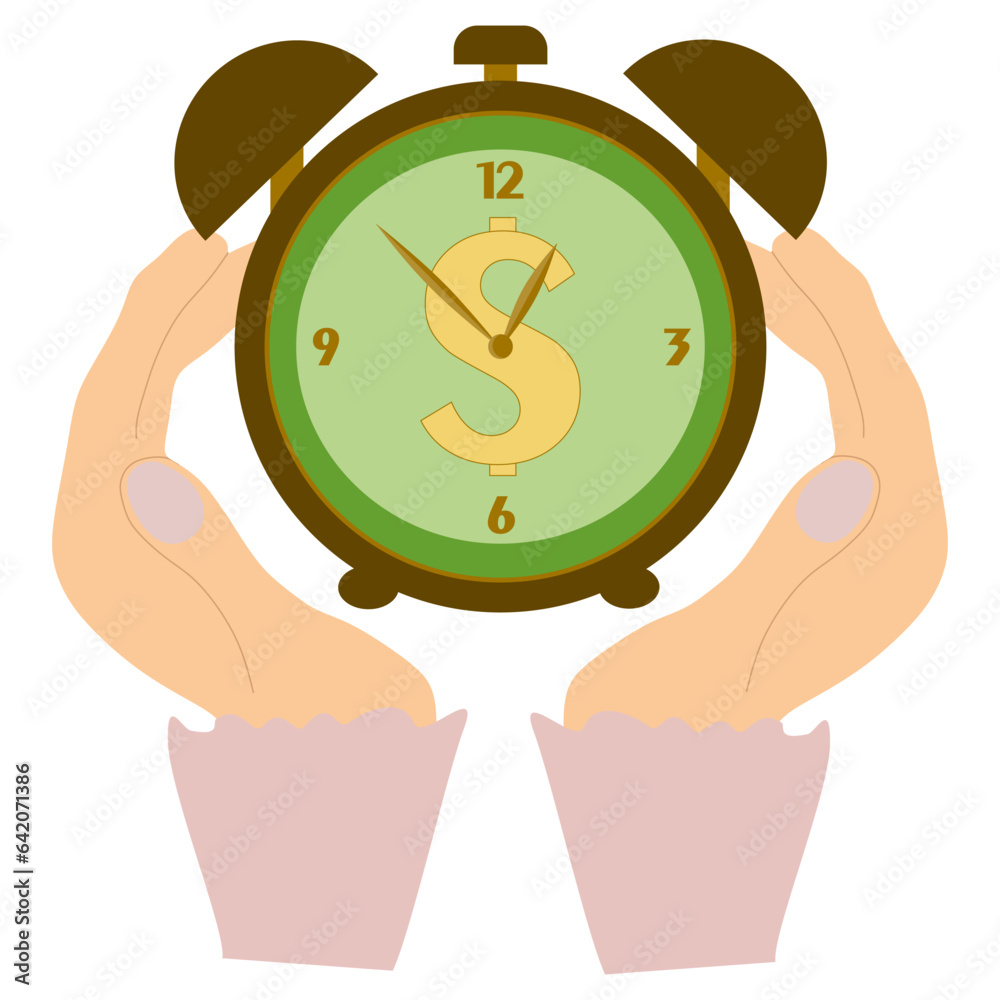 Businesswoman hand handle a Clock. Time is money. Vector time and ...