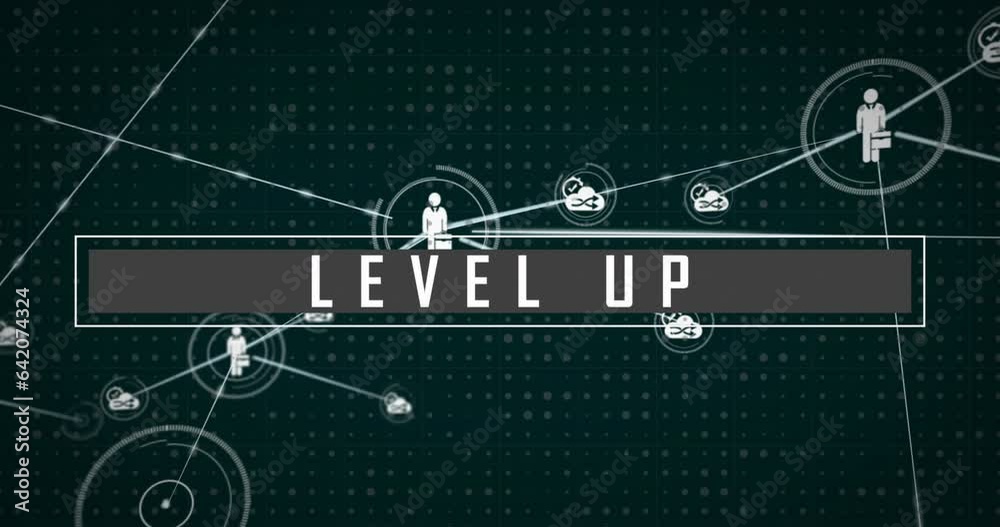 Animation of level up text and connected setting and business person ...